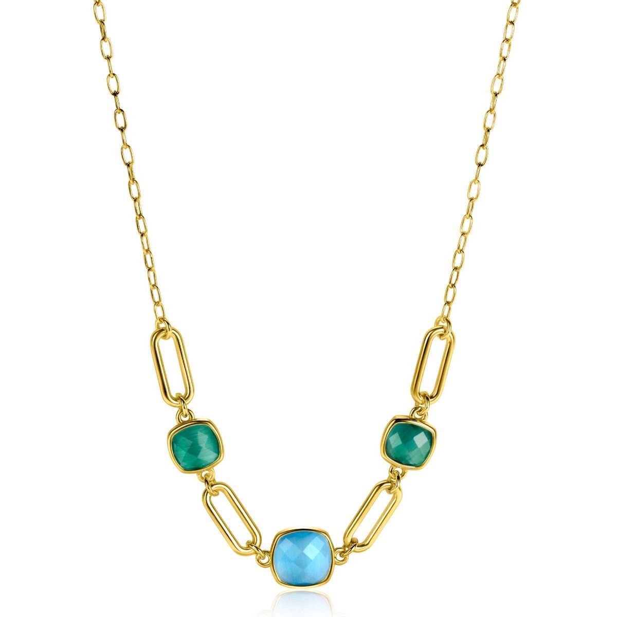 ZINZI gold plated zilveren collier met paperclip schakels en groen ...