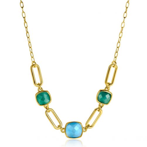 ZINZI gold plated zilveren collier met paperclip schakels en groen ...